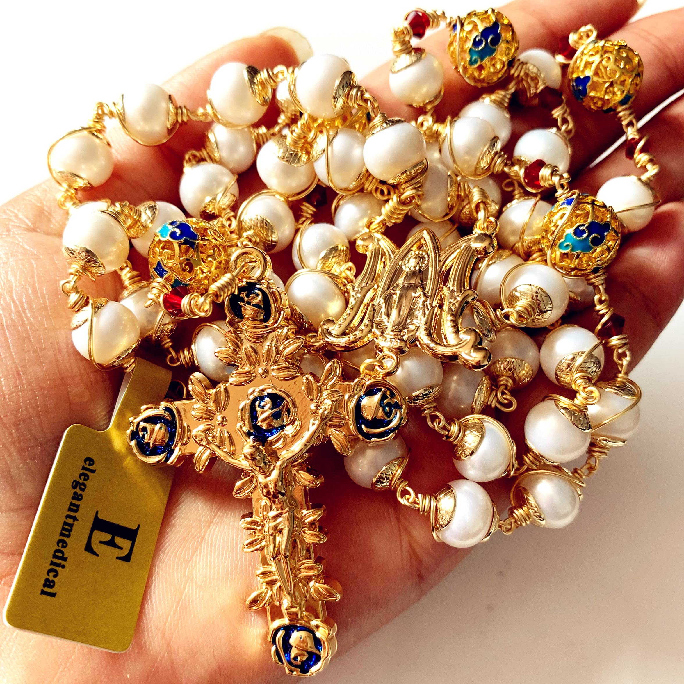 elegantmedical HANDMADE Gold Wire Wrapped Bead AAA White 9mm Real Pearl & Enamel Bead Rosary Cross NECKLACE BOX