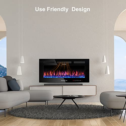 Home4me 36" Electric Fireplace, Wall Mounted and Recessed Fireplace Heater, 750/1500W Freestanding Linear Fireplace, Adjustable Flame Color, Touch Screen,Remote Control with Timer, Low Noise
