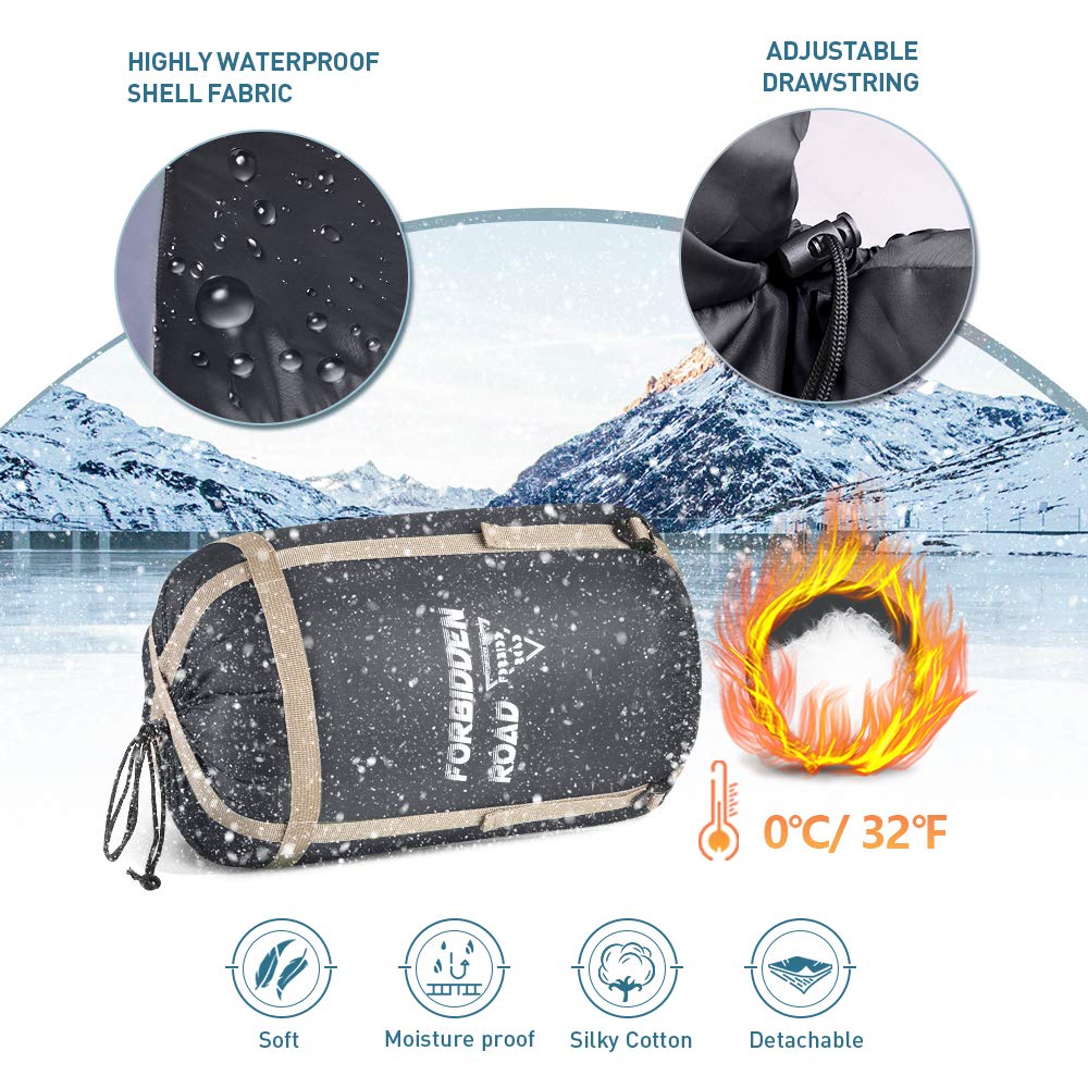 Forbidden Road Portable Single Sleep Bag for Camping Hiking Backpacking - Compression Bag Included (Black, 0 ℃ / 30 ℉)