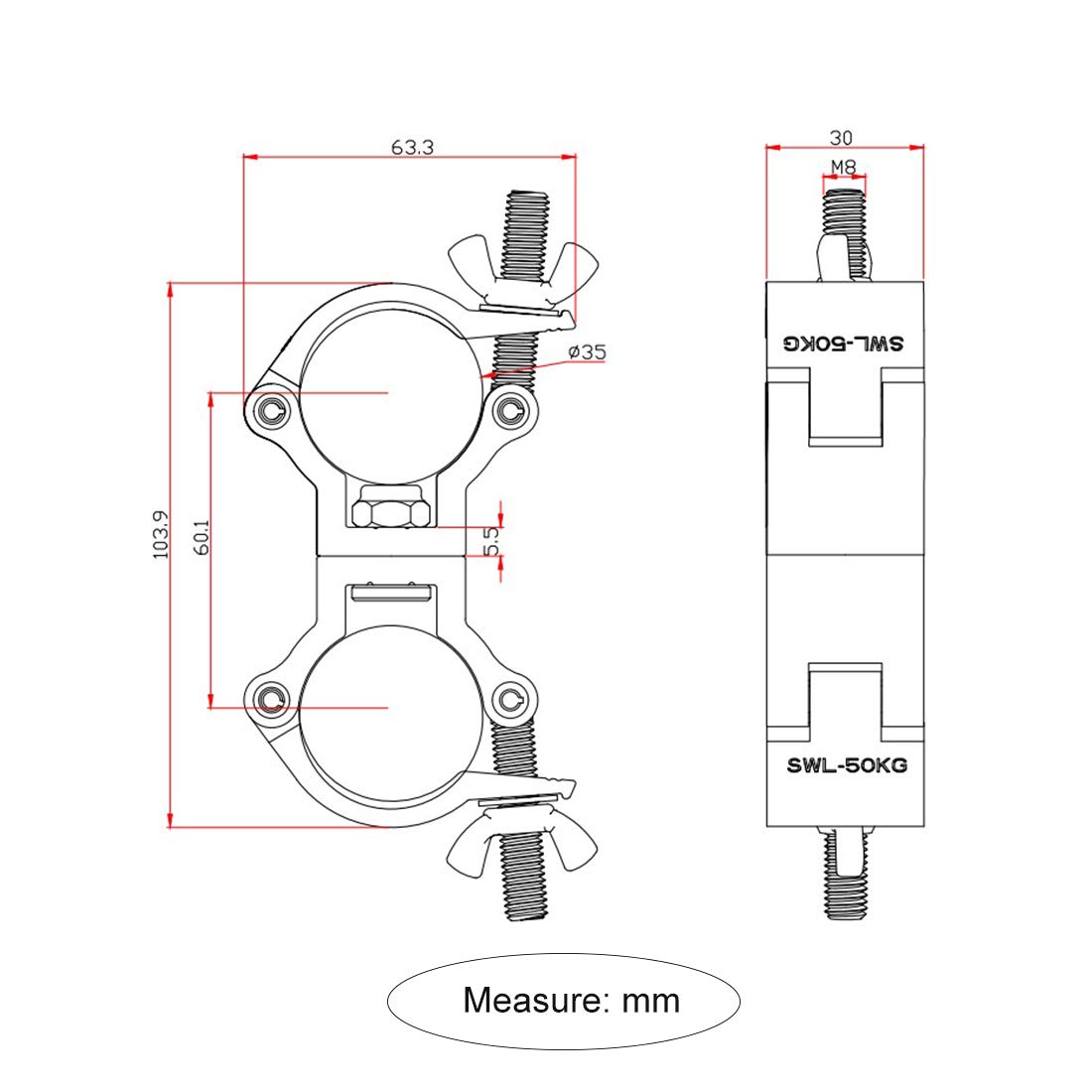 DJ Truss Swivel Coupler Clamp Fit Pipe 32-35mm F24 Heavy Duty Aluminum Alloy 110 LBs for Stage Lighting