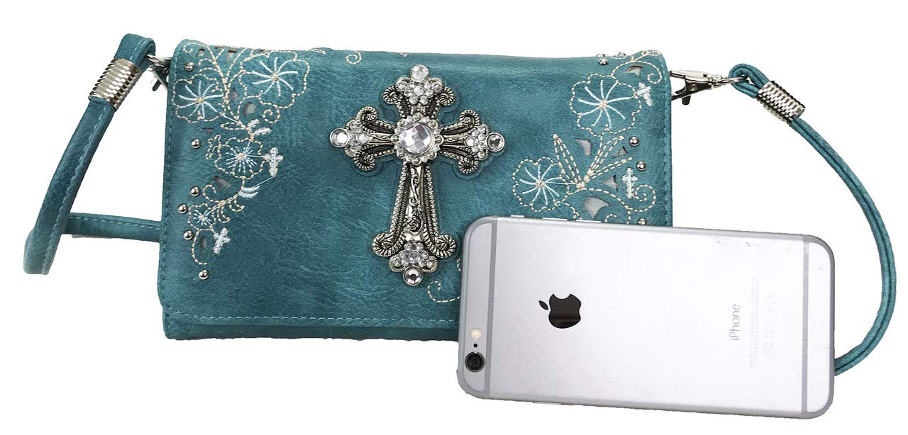 Zzfab Rhinestone Cross Embroidered Floral Western Cross Wallet Turquoise