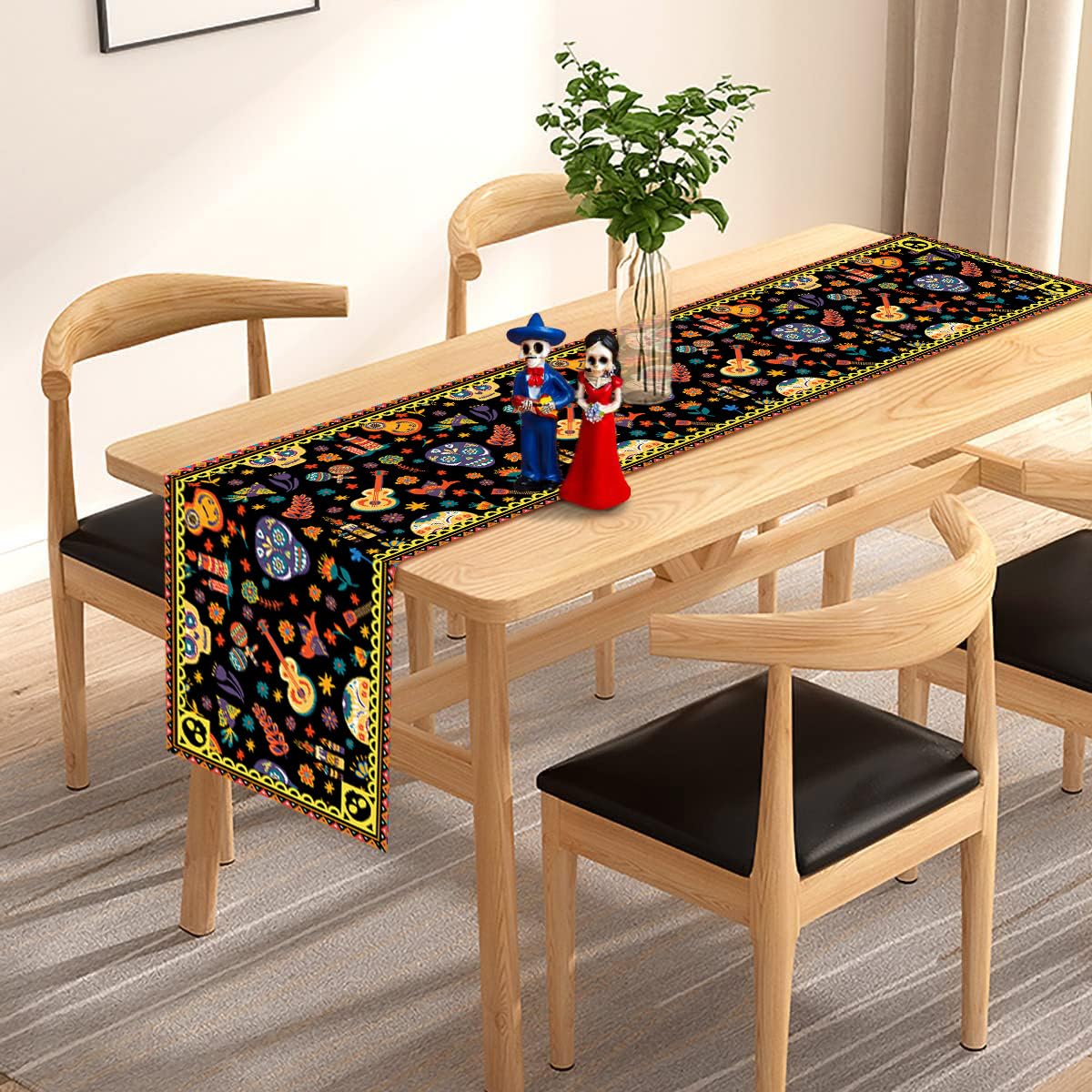Day of The Dead Table Runner Dia De Los Muertos Decorations Cinco de Mayo Rustic Linen Mexican Sugar Skull Altar Kit Decor for Home Kitchen Dining Room Decoration