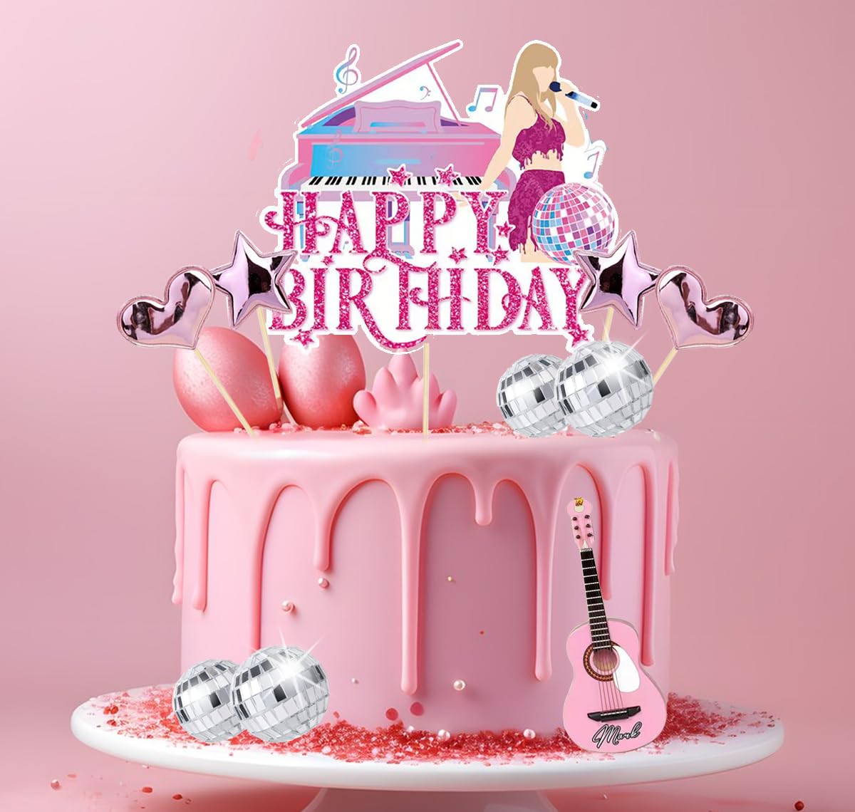 Music Cake Toppers Birthday Cake Decorations Pink Girl Birthday Party Decorations Disco Cake Topper