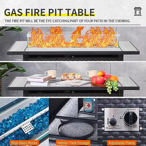 Lviden 6 Pieces Wicker Patio Furniture Sets Outdoor Conversation Set PE Rattan Sectional Sofa Couch with 45" Fire Pit Table and Peacock Blue Cushions