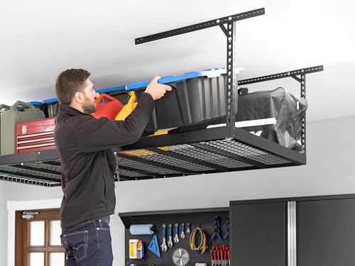 NewAge Products 4 ft. x 8 ft. VersaRac Pro Adjustable Overhead Garage Storage Rack, Heavy Duty Steel Garage Storage Organization, Ceiling Storage Racks, 800lbs Weight Capacity, (Black), 41200