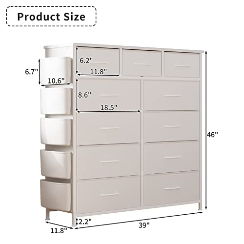 LIVEHOM 11 Dresser Drawer for Bedroom, Chest of Drawers with Side Pockets, Hooks, Fabric Storage Drawer, Steel Frame, Wood Top, Organizer Unit and Pull Handle for Closet, Nursery