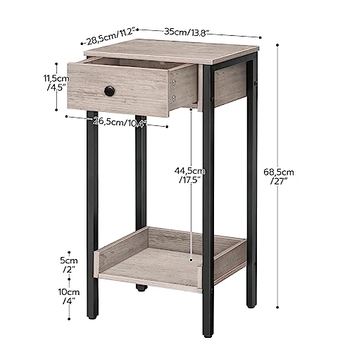 HOOBRO Tall Side Table, Nightstand, End Table with Drawer and Storage Shelf, Industrial End Telephone Table, for Study, Bedroom, Space Saving, Greige and Black BG71BZ01