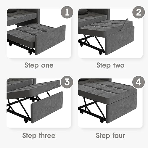 Vabches Sofa Bed Chair with Wing Table and USB Ports Outlet, 3-in-1 Sofa Chair Bed with Two Pillows, Velvet Sleeper Chair with Adjustable Backrest, Easy Assembly, Dark Grey
