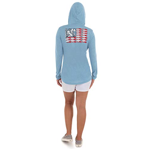 Guy Harvey Women's Performance Hooded Tee, Powder Blue/America, Large