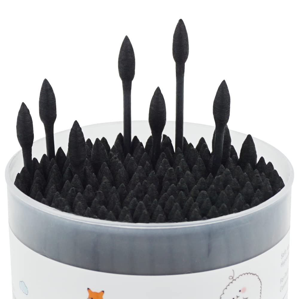 HOMEFOX Black Cotton Swabs Precision Pointed - 200 Count Organic Pointy Pointed Cotton Buds Double Side Tightly Wrapped Charcoal Cotton Tip Paper Stick Soft Gentle Cruelty-Free, Pointy & Round (Black)