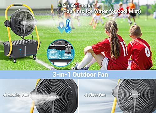 Geek Aire Battery Operated Misting Fan, Rechargeable Outdoor Floor Fan with 2.9 Gal Water Tank, Powered Waterproof Durable 15000mAh Battery Run for Patio, Camping Gear Accessories - 12 Inch