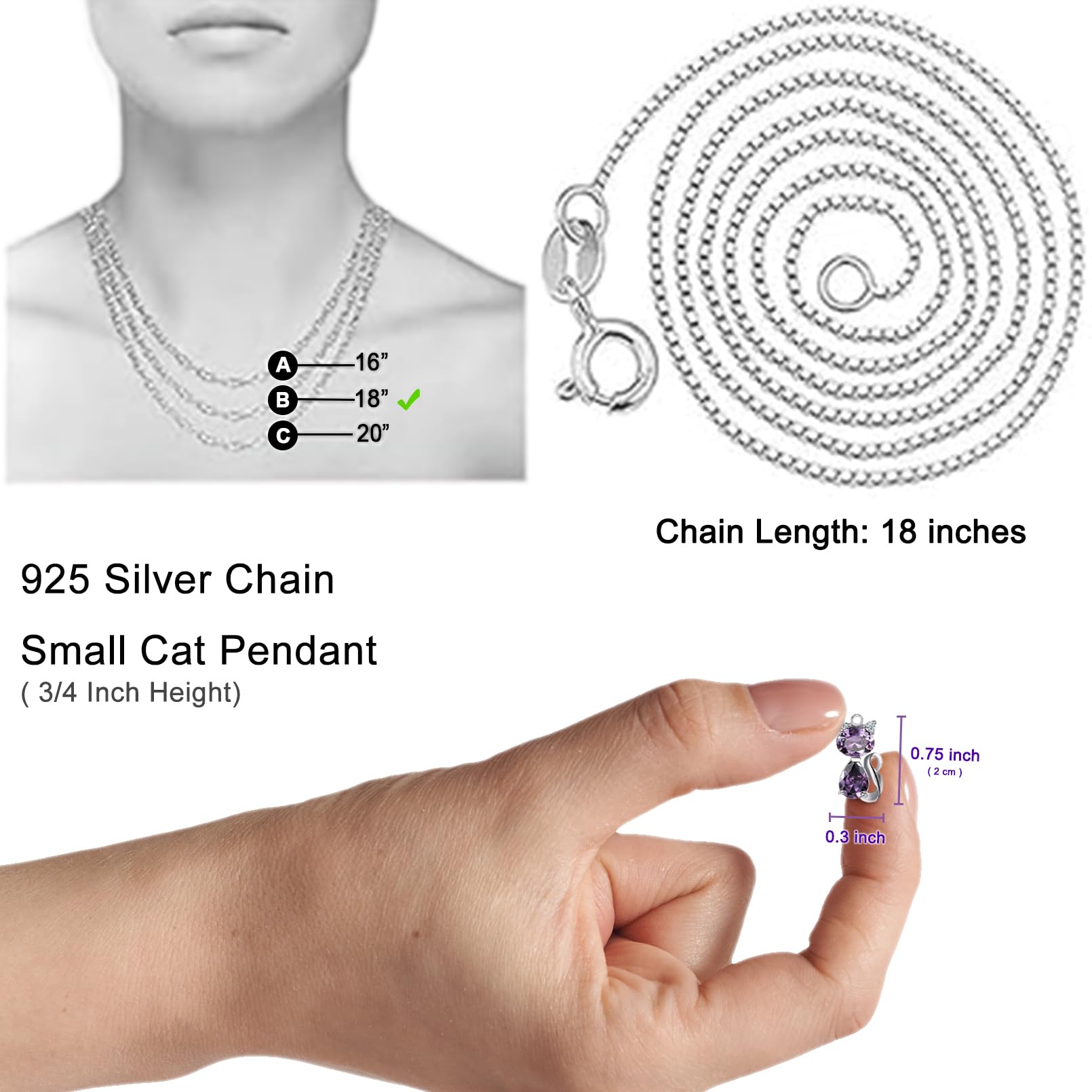 DreamsEden Cat Necklace, 18'' Silver Box Chain Women's Amethyst Cat Pendant Jewelry, Purple (Gift Box & Greeting Card)