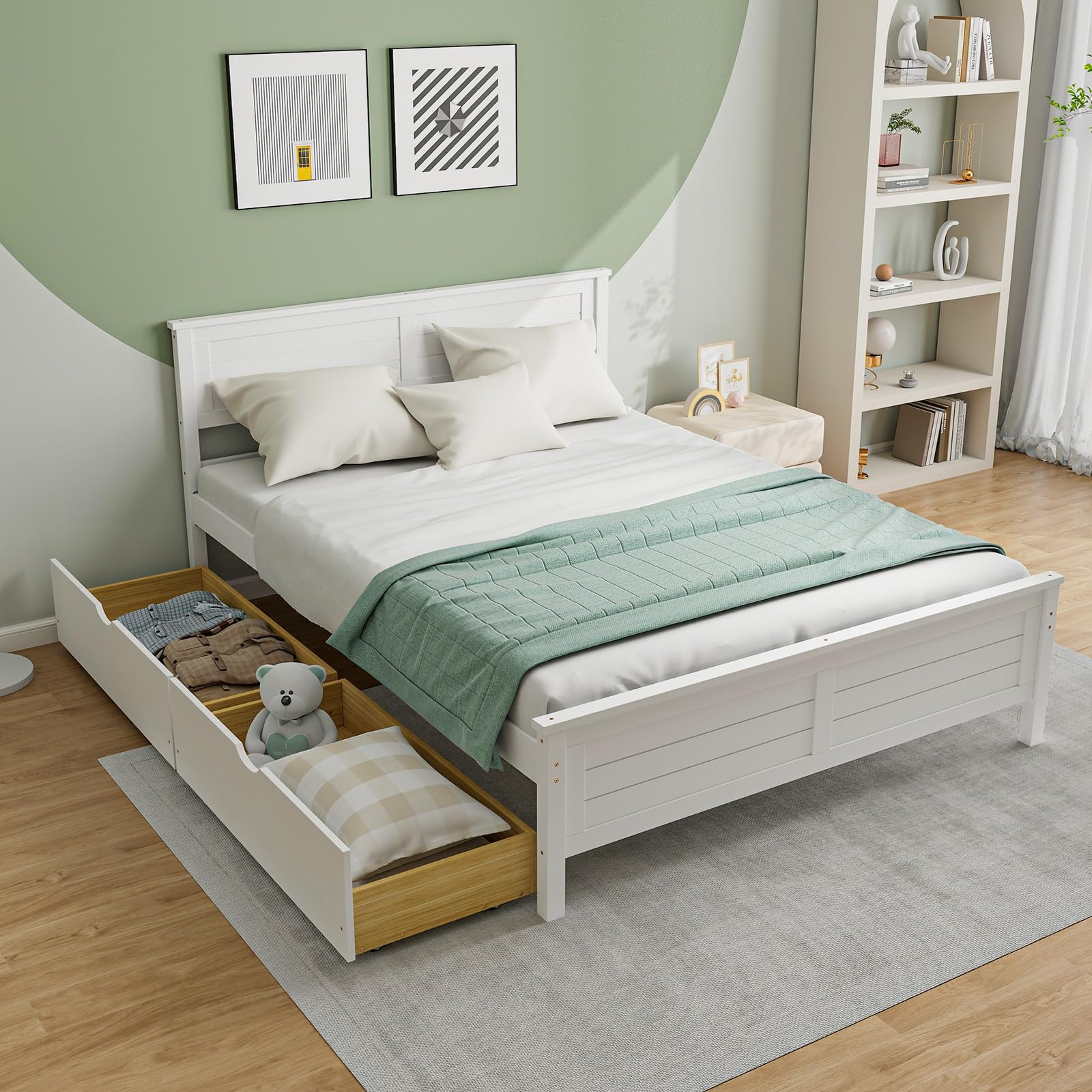 KOMFOTT Full Size Wood Bed Frame with 2 Storage Drawers, Mid Century Platform Bed Frame with Headboard, Sturdy Wooden Slats Support, Modern Mattress Foundation, No Box Spring Required, Easy Assembly