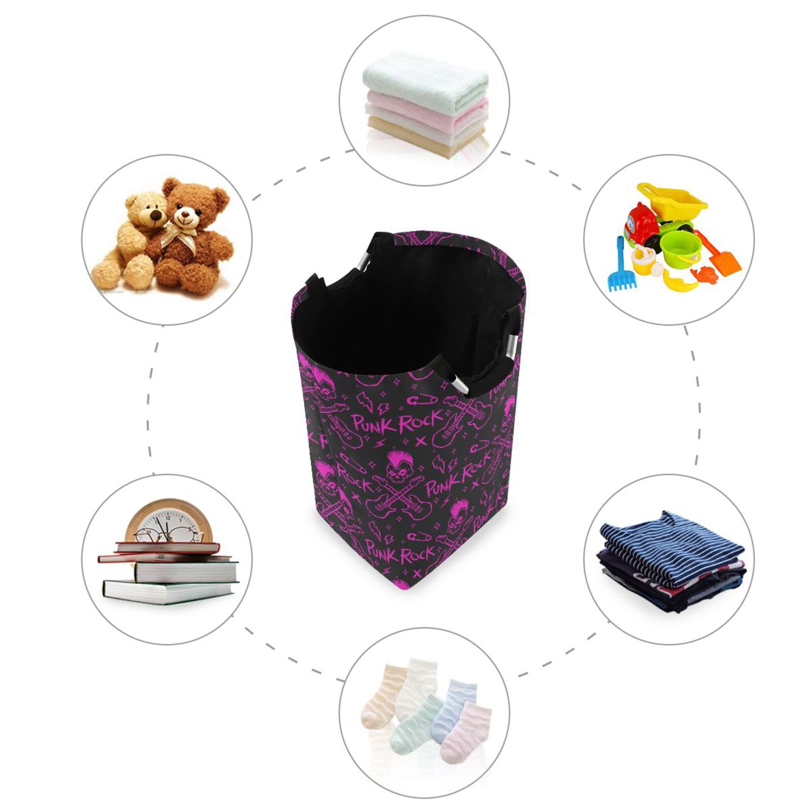 Music-punk-rock-print Laundry Basket With Handles Foldable Toys Storage Organizer For Home Bathroom Bedroom Dorm