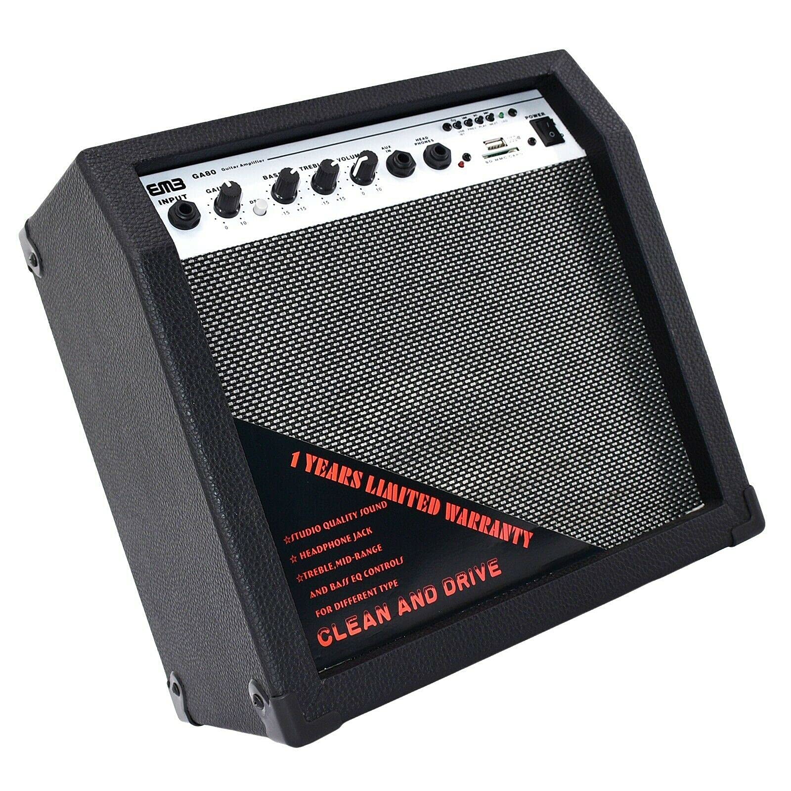 EMB GA80 350 Watts 8" Electric Guitar Amplifier Speaker Portable Powerful Studio and Stage Cabinet PreAMP β with Built in Headphone Jack and 2 Inputs and SD USB AUX Bluetooth (Black)