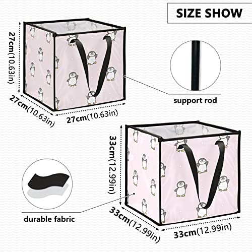KEEPREAL Pink Background Penguin Cube Storage Bin with Handles, Large Collapsible Organizer Storage Basket for Home Decorative(1Pack,13 x 13 x 13 in)