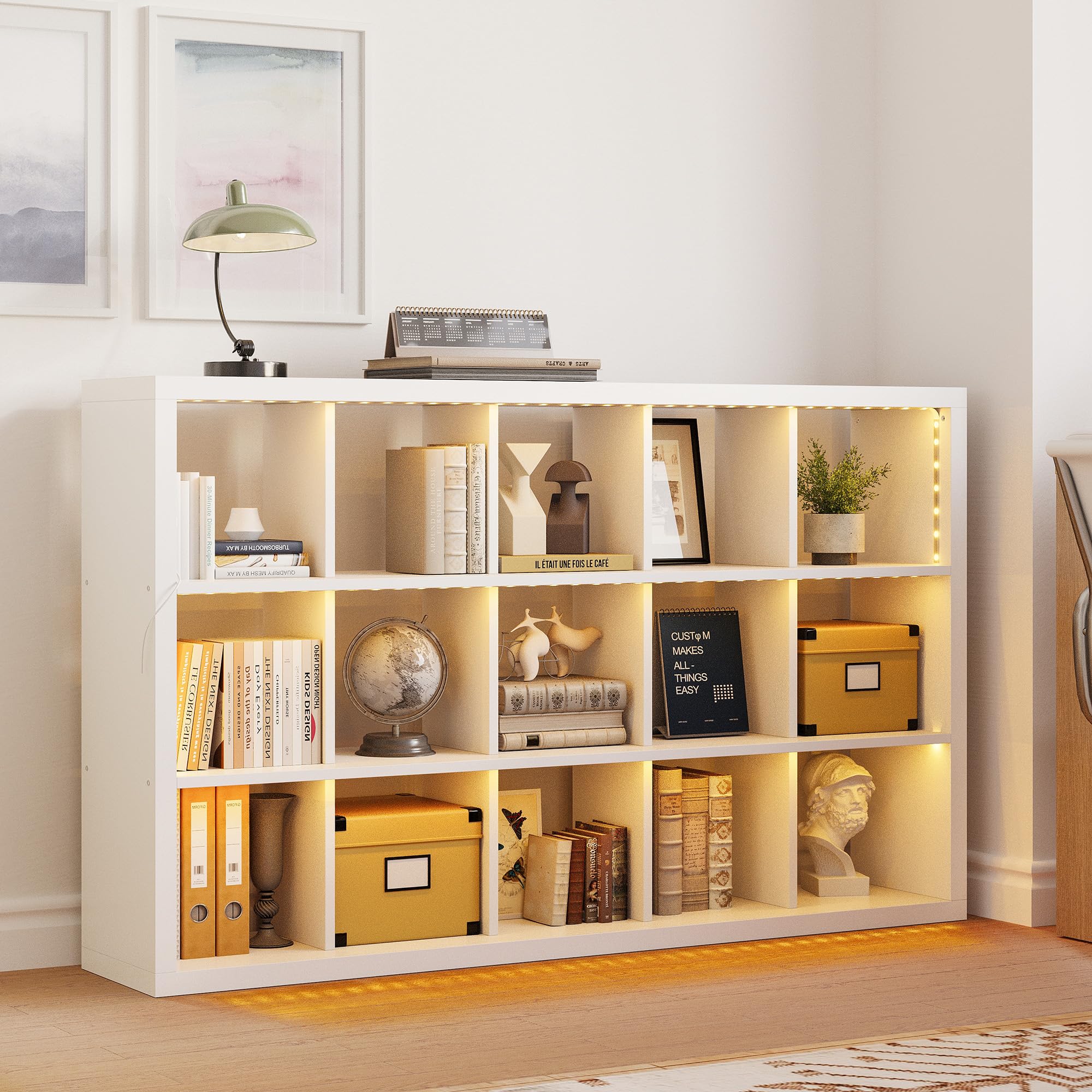 IRONCK 15 Cube Bookcase Storage Shelf Organizer with LED Lights, 5 Tier Bookshelves and Bookcases Display Shelves, Horizontally or Vertically Use, White