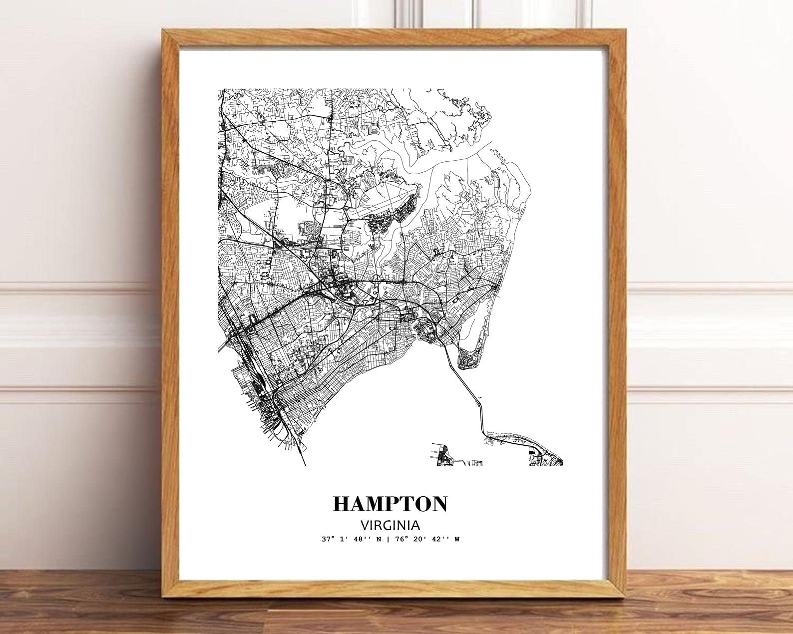 Eleville 18X24 Unframed Hampton Virginia City View Abstract Road Modern Map Art Print Poster Wall Office Home Decor Minimalist Line Art Hometown Housewarming wgn630