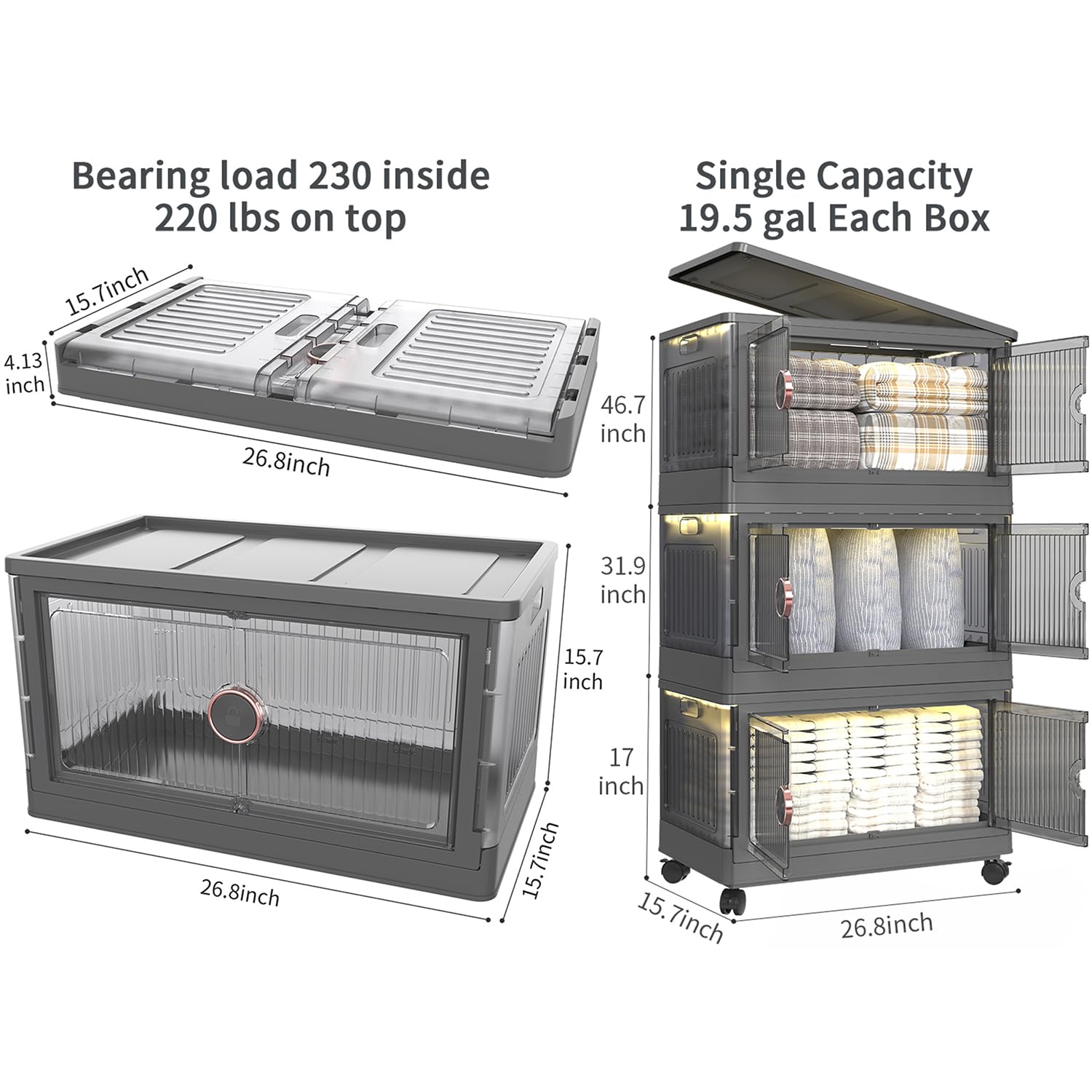 richang LED Light 19.5Gal Big Lidded Collapsible Storage Bins, Plastic Folding Storage Cabinet Stackable Utility Crates foldable storage container Totes with Door and Universal Wheels
