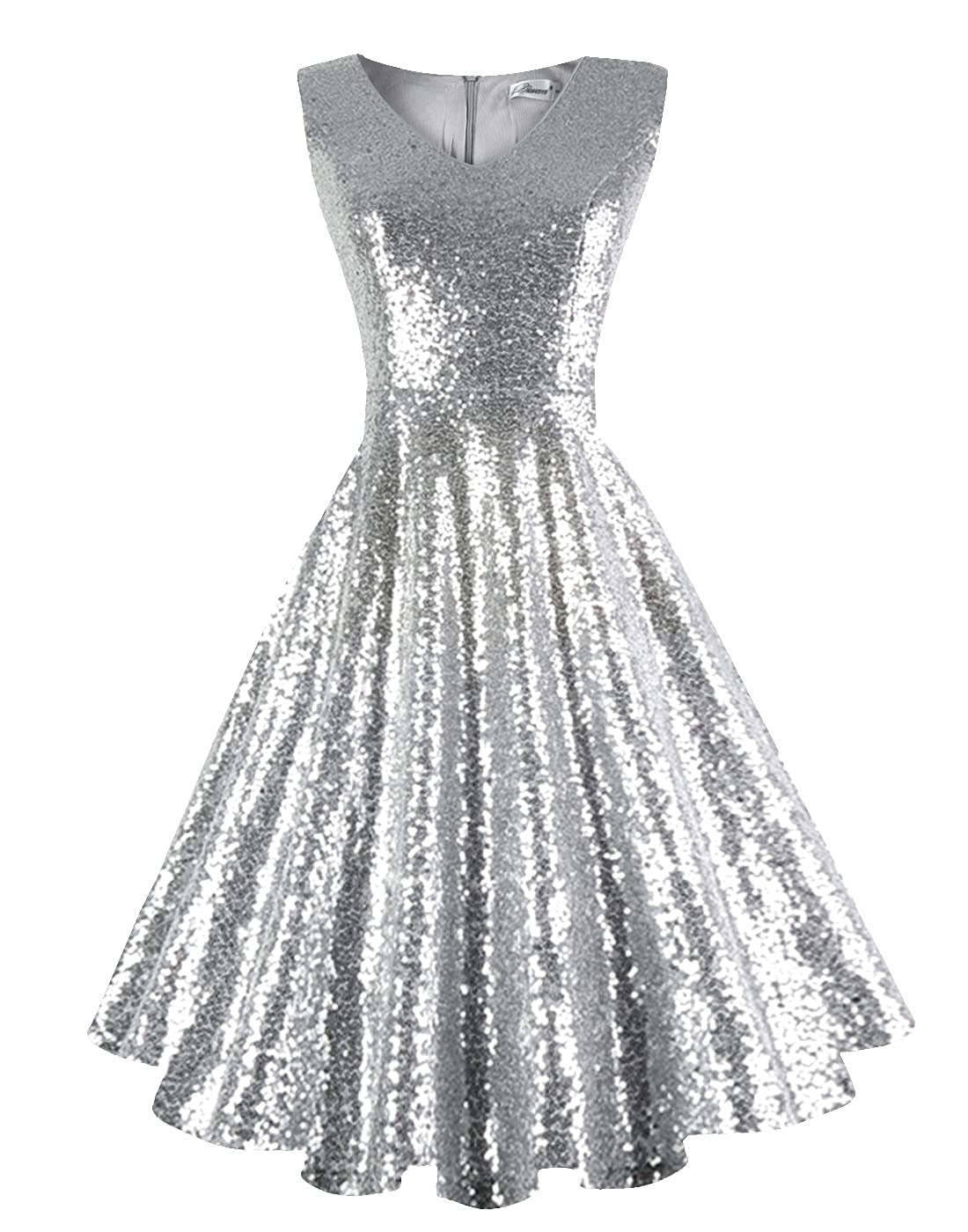 Dressever Women's 50s 60s Vintage Sleeveless Cocktail Party Dress with Pockets Sequins Silver L