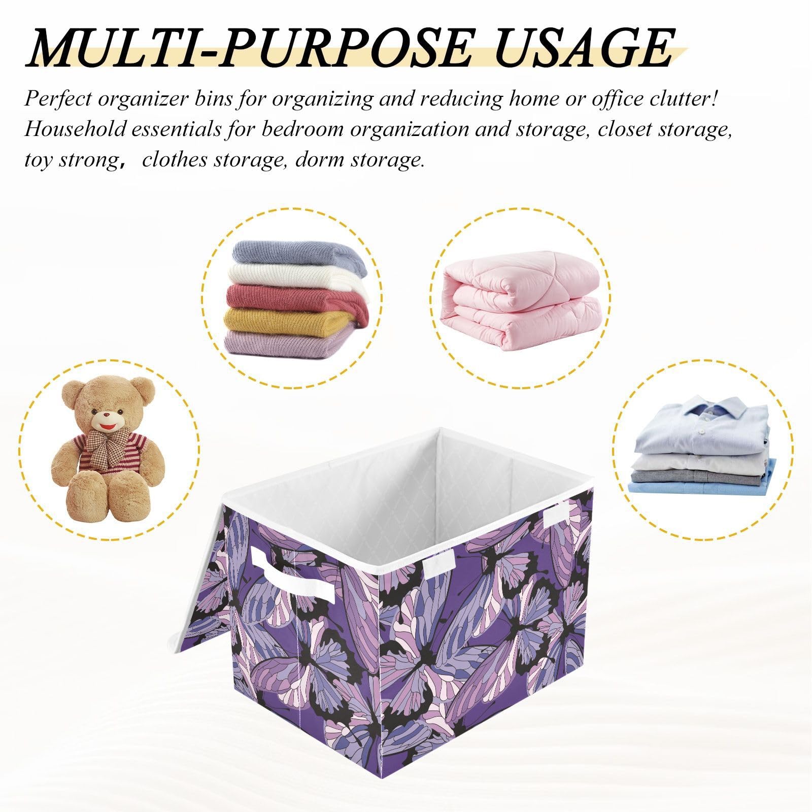 FOLIOSA Storage Boxes Butterflies Purple collapsible Flip-top locker Fabric Storage Bins with Handle for Home Bedroom Closet Office 16.5×12.6×11.8 in