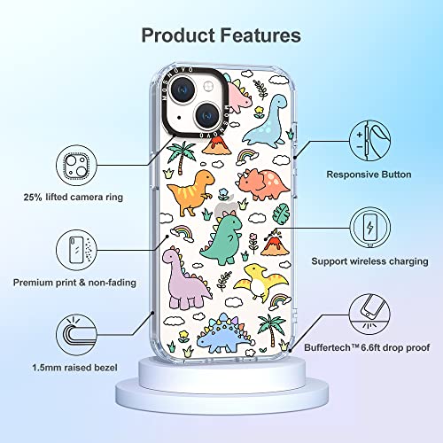 MOSNOVO Compatible with iPhone 14 Case, [Buffertech 6.6 ft Drop Impact] [Anti Peel Off Tech] Clear TPU Bumper Phone Case Cover with Cute Joyful Dinosaur Designed for iPhone 14 6.1"