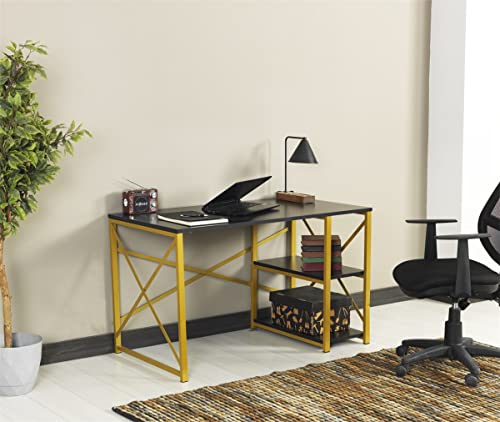 LLS Computer Desk, Work Table Writing Desk Gaming Table Workstation with 47" Wooden Top & 2 Shelves, Writing Sturdy Table Computer Desk with Gold Metal Frame for Home Office Furnish Store, Black