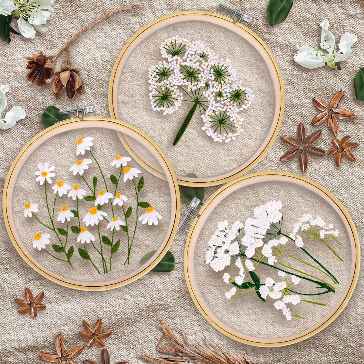 Embroidery Starter Kit with Pattern Set of 3, Cross Stitch Set for Adults, Stamped Embroidery Kits for Beginners, Including 3 Embroidery Hoop