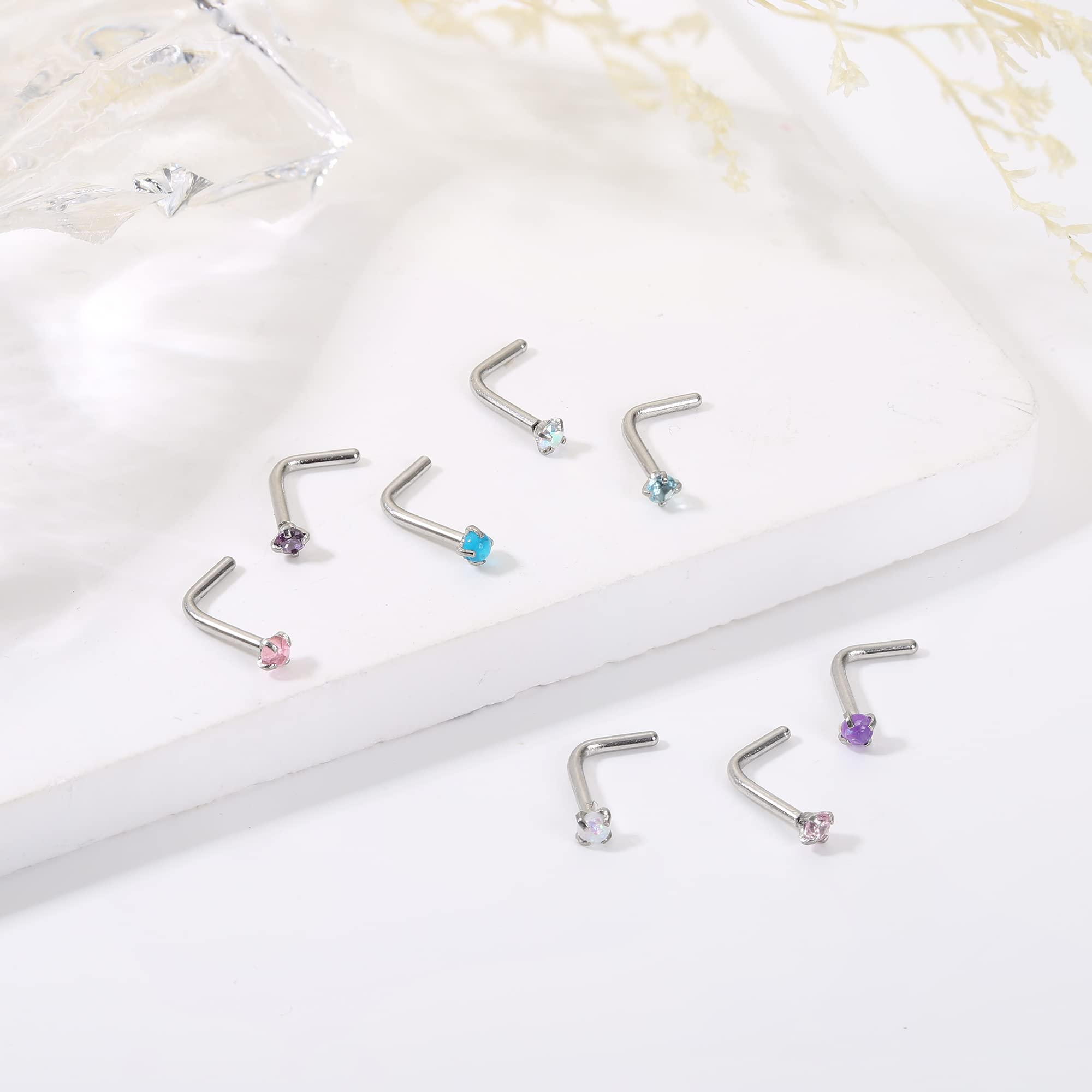 FIBO STEEL Threadless Nose Rings Studs for women Push in L Shaped Nose Studs Surgical Stainless Steel CZ Opal Nose Rings Studs Nose Piercing Jewelry 1.5mm 2mm 2.5mm 3mm 20G