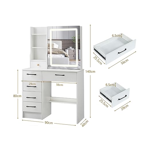 Vanity Desk Makeup Vanity Table with Lighted Mirror,3 Color Modes, White Makeup Table Set with 5 Drawers, Storage Shelves & Cushioned Stool,Women Girls Dressing Table for Bedroom