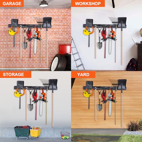 VEVOR Garage Tool Organizer, 600 lbs Max Load Capacity, Wall Mount Yard Garden Storage Rack Organization Heavy Duty with 6 Adjustable Hooks and 3 Rails, for Garden Tools, Shovels, Trimmers, and Hoses