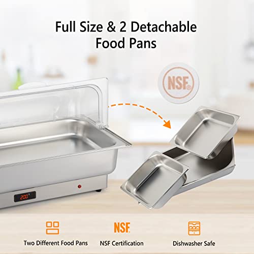 ROVSUN Electric 9 QT Stainless Steel Chafing Dish Buffet Set,Roll Top Catering Chafer Server Food Warmer with Full Size & 2 Detachable Food Pans,Transparent PC Lid for Party Wedding Banquet