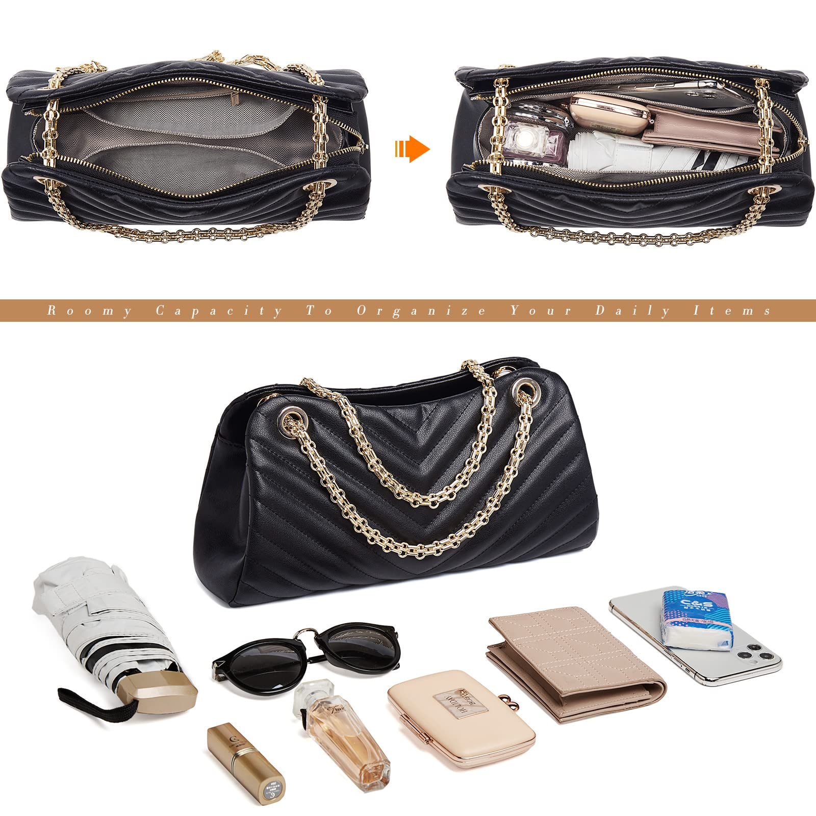 FOXLOVER Womens Leather Quilted Shoulder Bags, Ladies Small Chain Purse Designer Handbags