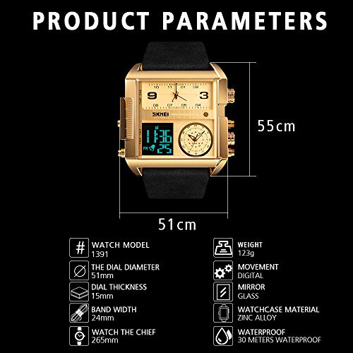 SKMEI Men's Digital Sports Watch, LED Square Large Face Analog Quartz Wrist Watch with Multi-Time Zone Waterproof Stopwatch