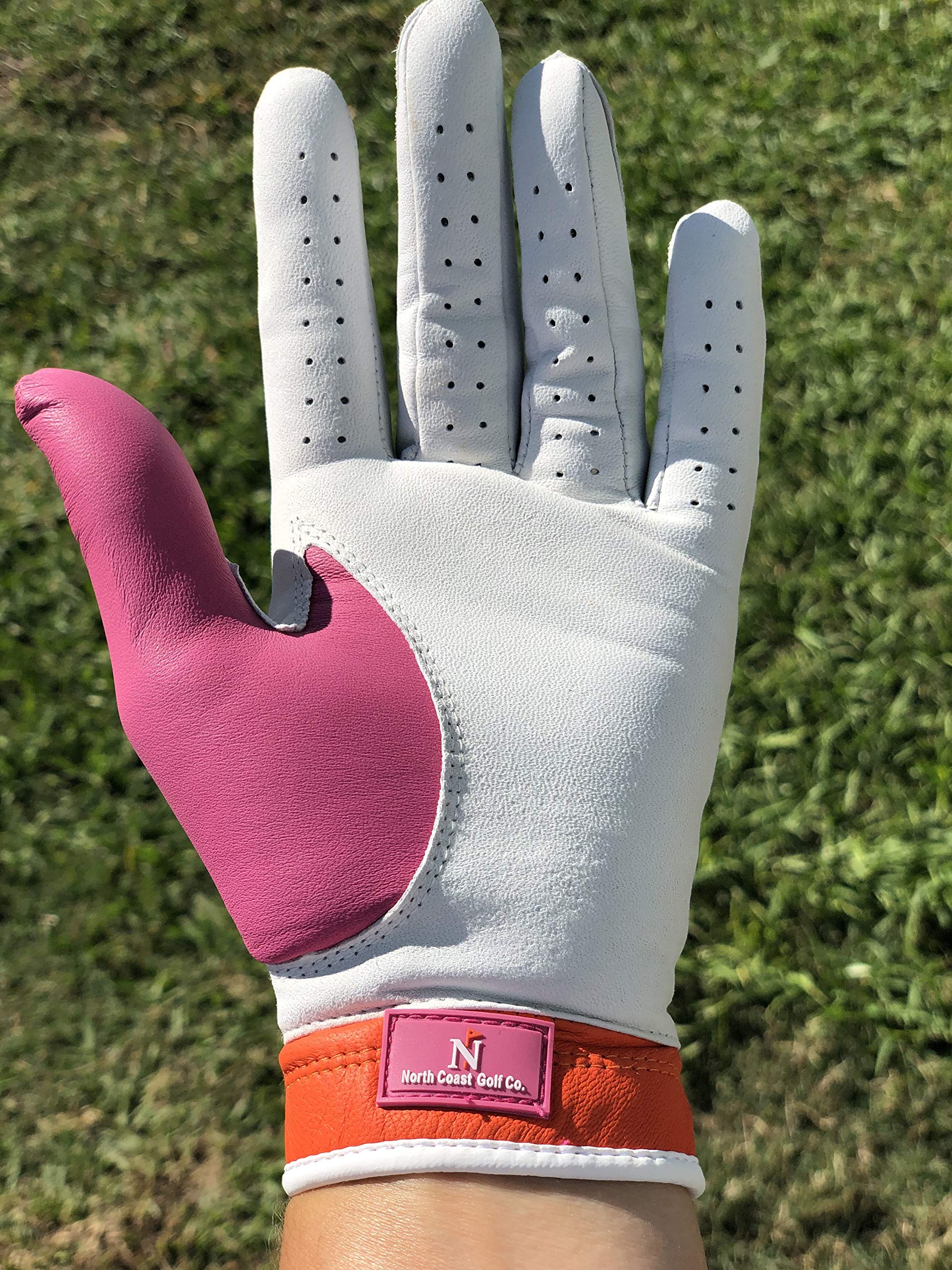 e9 Golf Tour Performance Leather Golf Glove– Premium Gloves for Women – Original White, Pink and Orange Design – Ultra Soft Leather – Breathable and Comfortable - Small Left