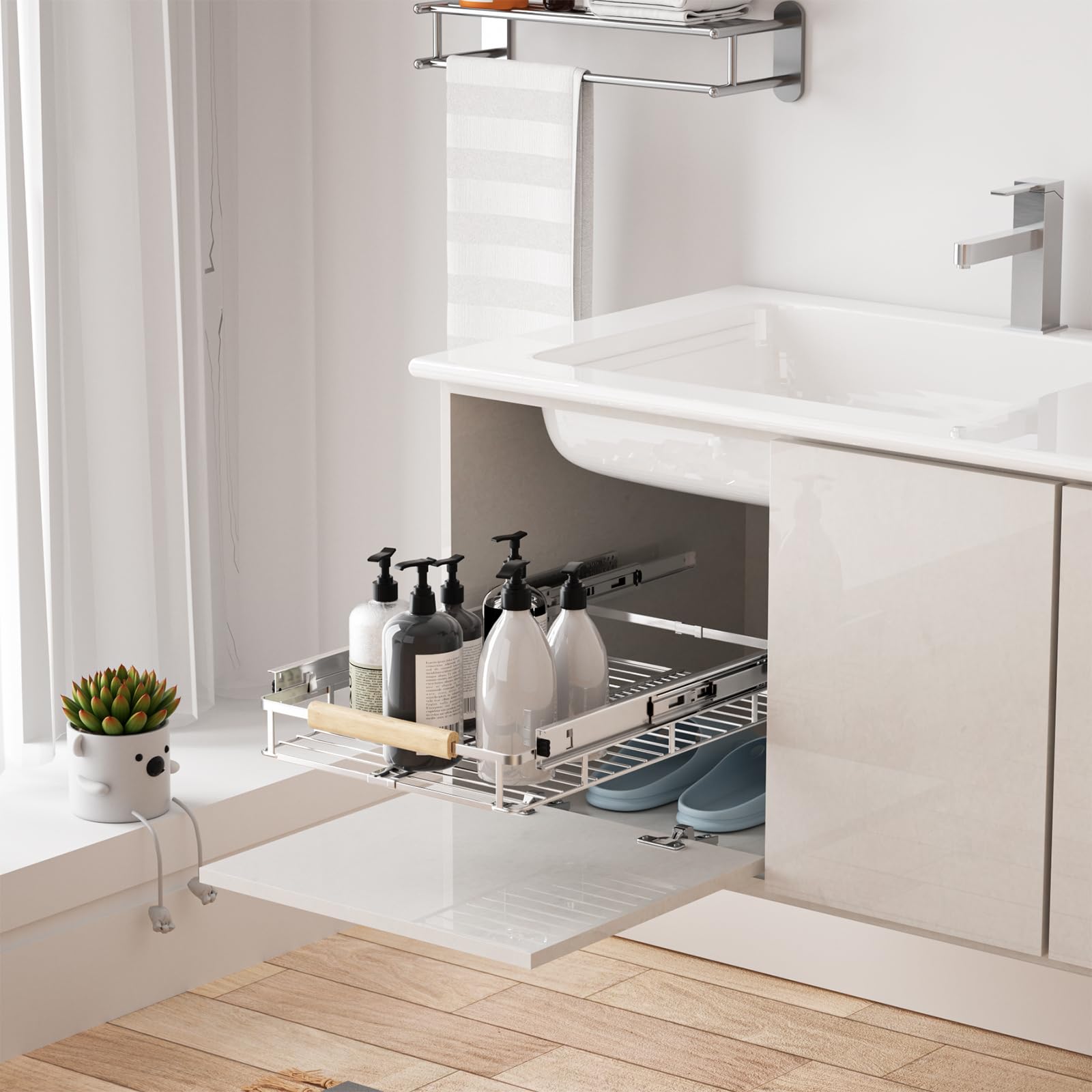 FESDOS Roll-Out Extendable Sliding Basket Pull-Out Cabinet Organizer Slide Out Pantry Shelves Cabinet Shelves for Kitchen, Under Sink, Bathroom, Wardrobe, Opening Size Required 12.3"-18.1", Set of 2