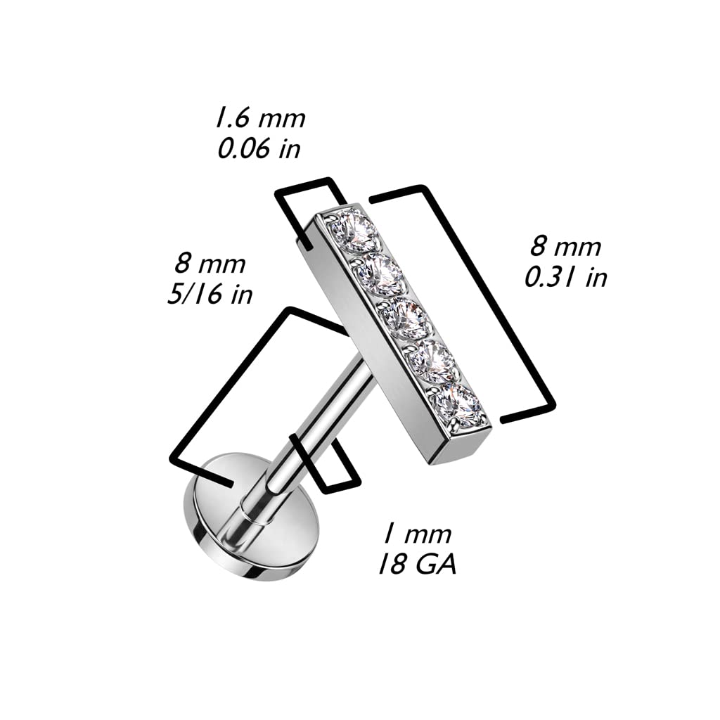 Dynamique Implant Grade Titanium Threadless Push In Labret, Flat Back Stud With 5 CNC Set CZ Lined Straight Bar Top (Sold Per Piece)