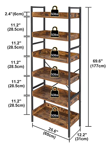 RokiaTek Bookshelf Bookcase 6-Tier Storage Rack with Open Shelves, Vintage Standing Bookshelves Metal Frame Industrial Display Rack for Living Room Bedroom, Rustic Brown and Matte Black