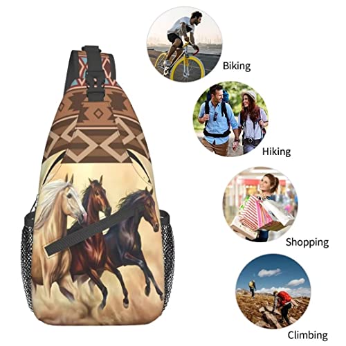 Horse Pattern Sling Bag Crossbody Backpack,Aztec Boho Ethnic Style Western Horse Chest Bag Three Horses Run In Desert Sandstorm Adjustable Shoulder Backpack Travel Hiking Casual Daypack For Men Women