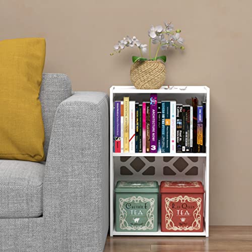Rerii Small Bookshelf Bookcase for Small Spaces, Bed Side End Table 3 Tier 2 Shelf, Mini Little Book Shelf Case for Kids Room Bedroom Living Room Office, White