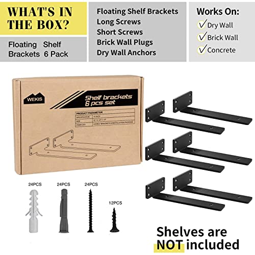 WEKIS Floating Shelf Bracket 12 Inch, Hidden Invisible L Shelves Brackets 6 Pack, Heavy Duty Cast Iron 1/5 Inch Metal Industrial Black Shelf Bracket Hardware Supports, Brackets for Shelves (12 inch )