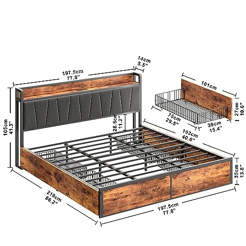 LIKIMIO King Bed Frame with 4 Storage Drawers, Platform Bed with Charged Headboard, Sturdy and Stable, No Noise, No Box Spring Needed, Easy to Install