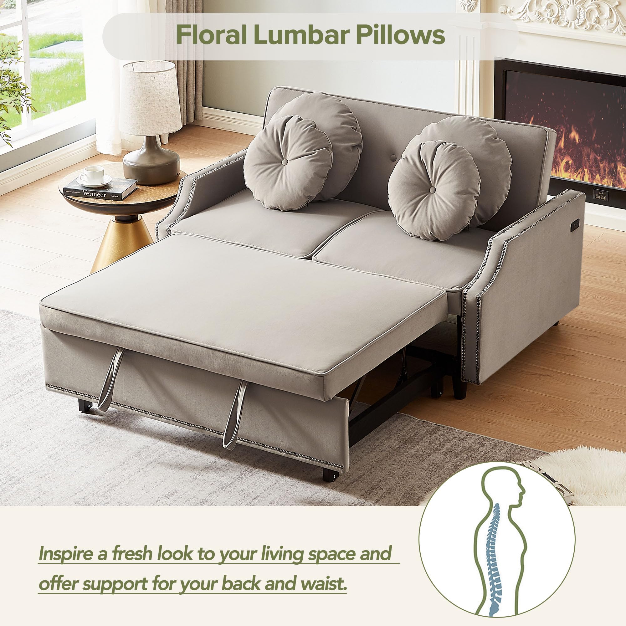 Merax 54.7" Loveseat Sofa Couch with Pull Out Bed, 3 in 1 Convertible Bella Fabric Sleeper Sofa Bed with Two USB Ports, and 2 Floral Lumbar Pillows for Apartment, Office, Living Room (Coffee)