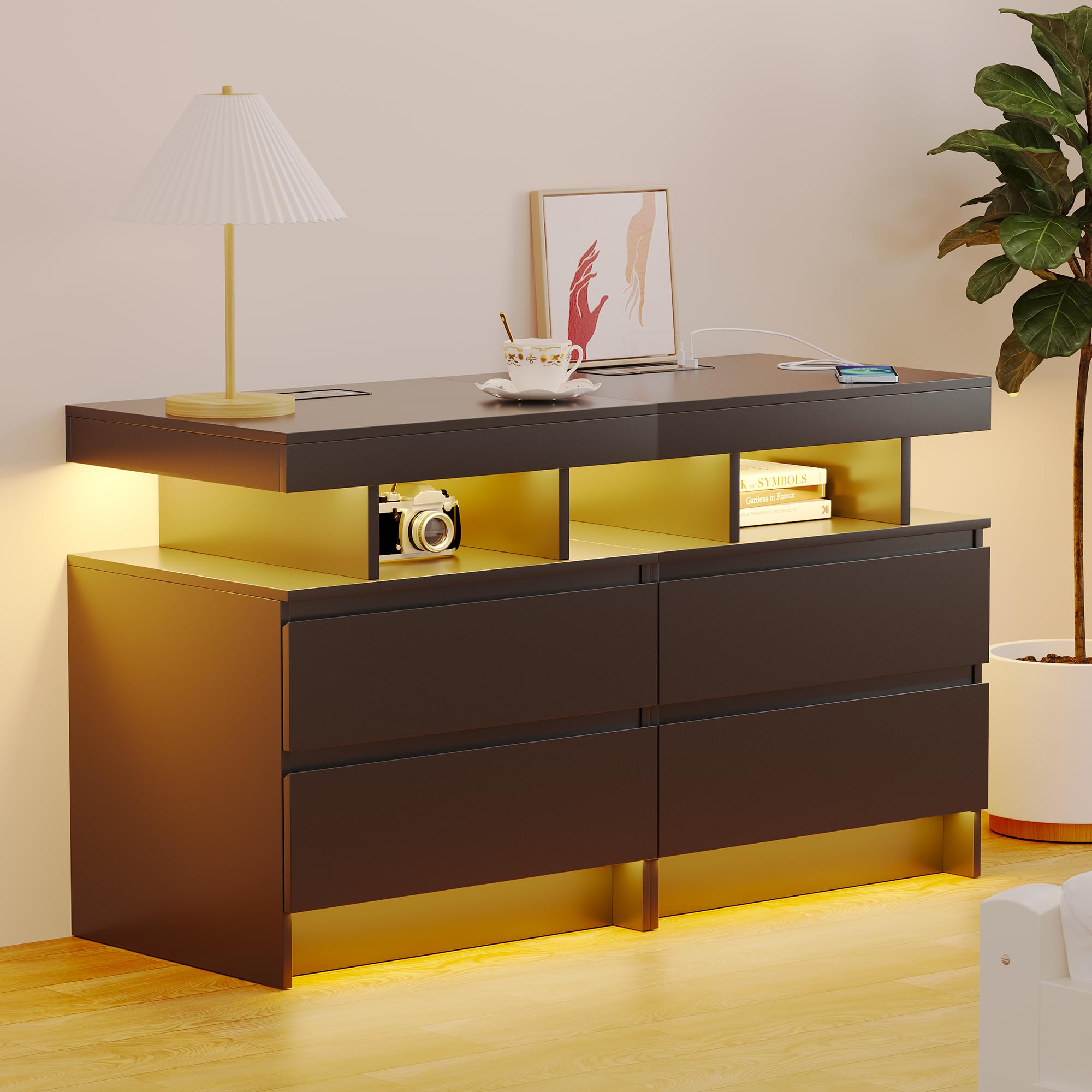 dnbss Nightstand with Wired/Wireless Charging Station, Auto LED Lighting Bedside Tables with Drawers, Night Stand with 3-Color Lights & Adjustable Brightness for Bedroom (Black)