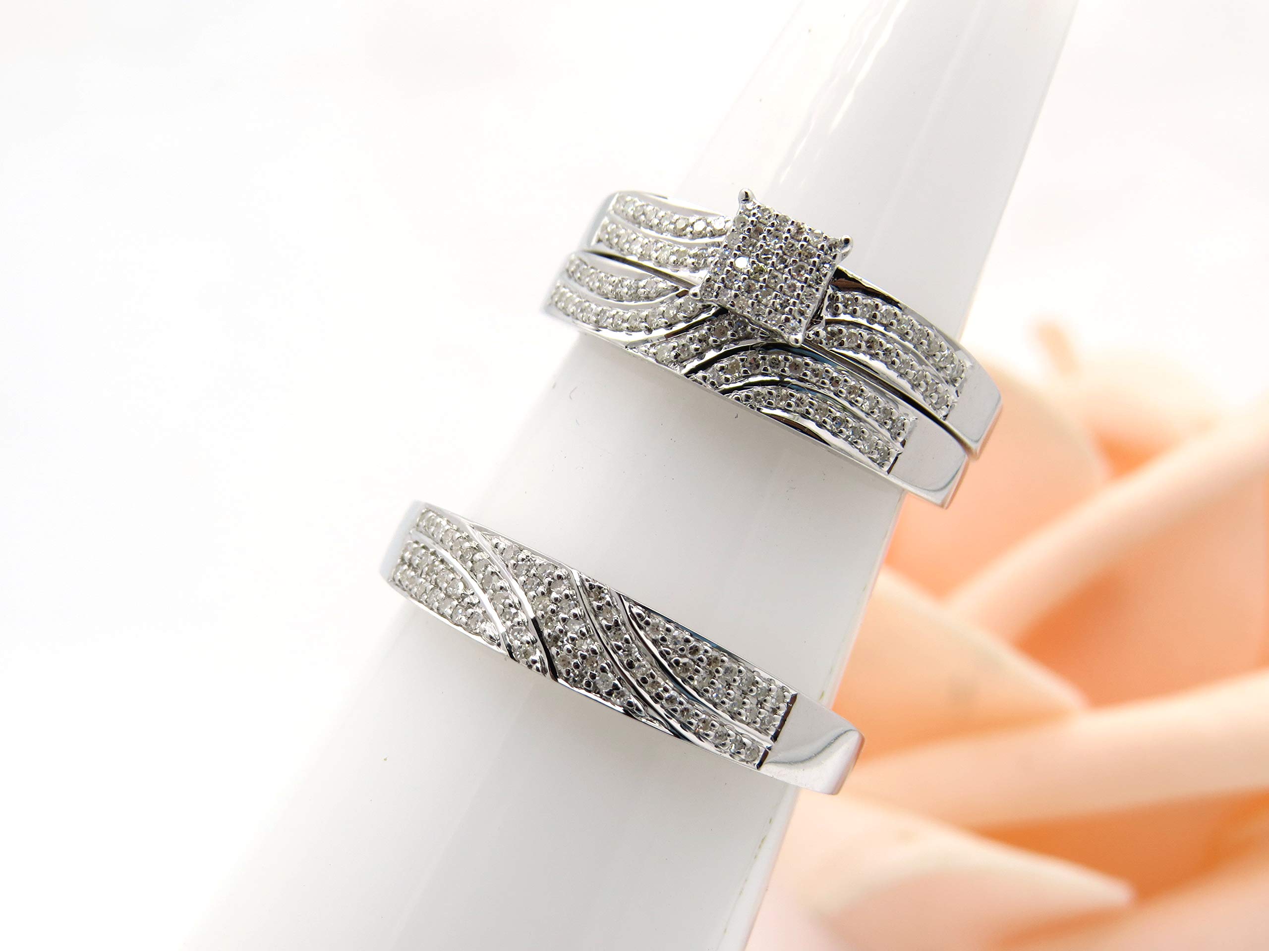 Dazzlingrock Collection 0.42 Carat (ctw) Round White Diamond Men & Women's Engagement Ring Trio Bridal Set, Sterling Silver