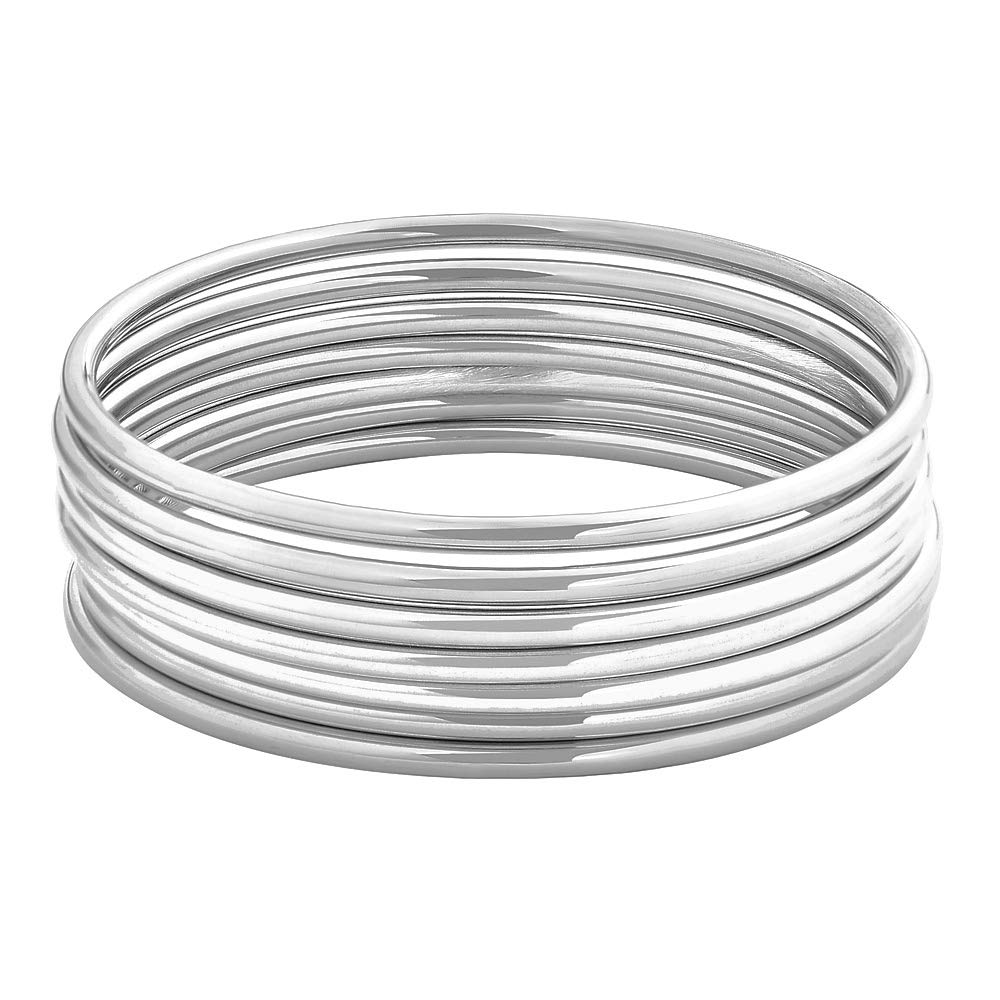 Edforce Stainless Steel Glossy Thin Round Bangle Bracelet Set for Women, Set of 7 (Silver, 7.8")