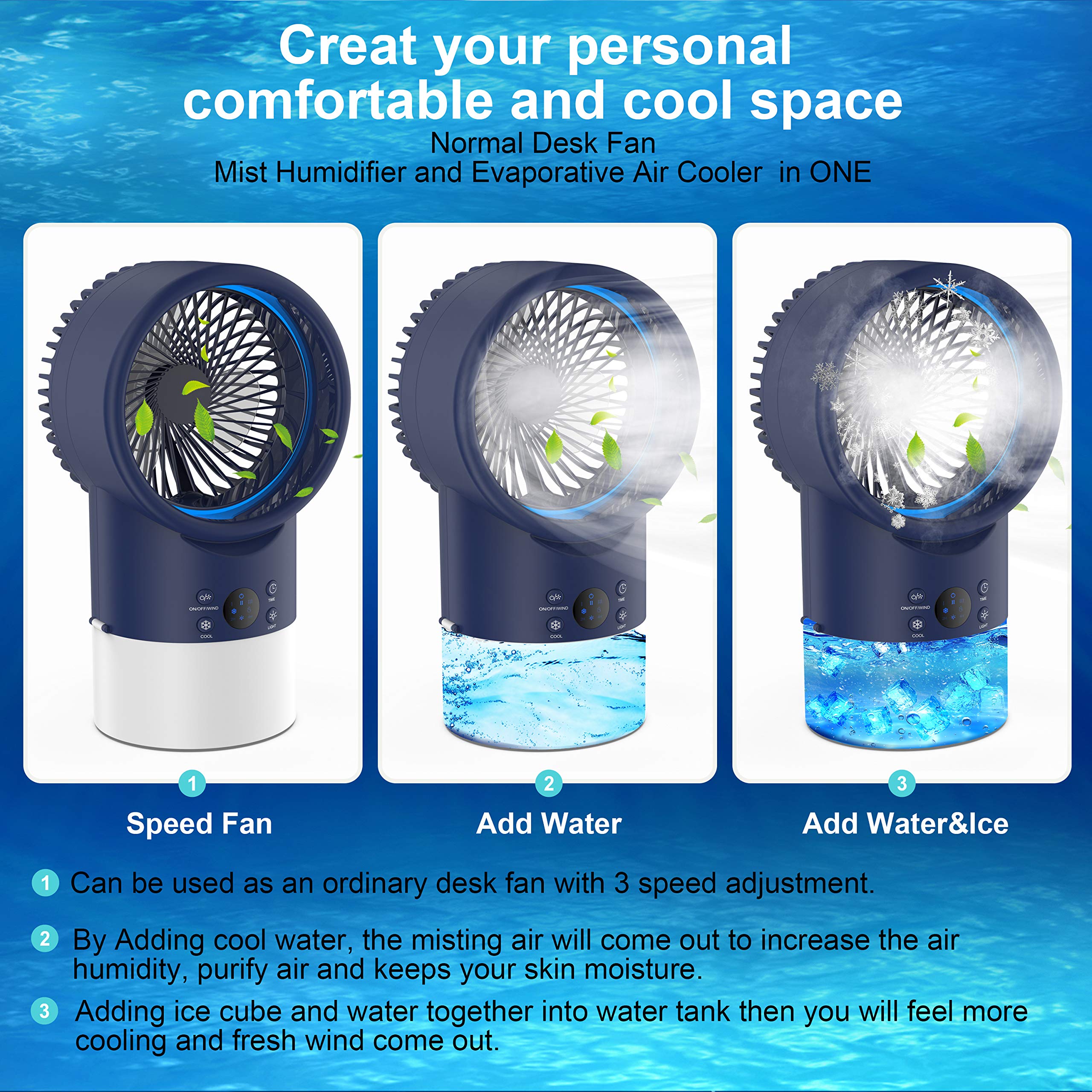 EEIEER Air Conditioner Cool Mist Humidifier Fan, 4 in 1 Timing Night Light Quiet Circulation Small Table Fans Personal Adjustable Misting Evaporative Air Cooler for Home Bedroom Office (Blue)