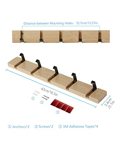 JSVER Wooden Coat Hooks Coat Rack Wall Mount, Space-Saving Coat Rack with 5 Standard Retractable Hooks, Hat Coat Hook for Entryway, Hallway, Bathroom, Living Room, Bedroom