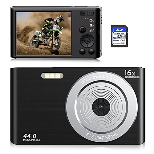 Digital Camera, 1080P 44MP Compact Camera for Kids Digital Video Camera with 16X Digital Zoom, Portable Point and Shoot Digital Cameras for Beginners,Students,Teens with 32GB SD Card and 2 Batteries
