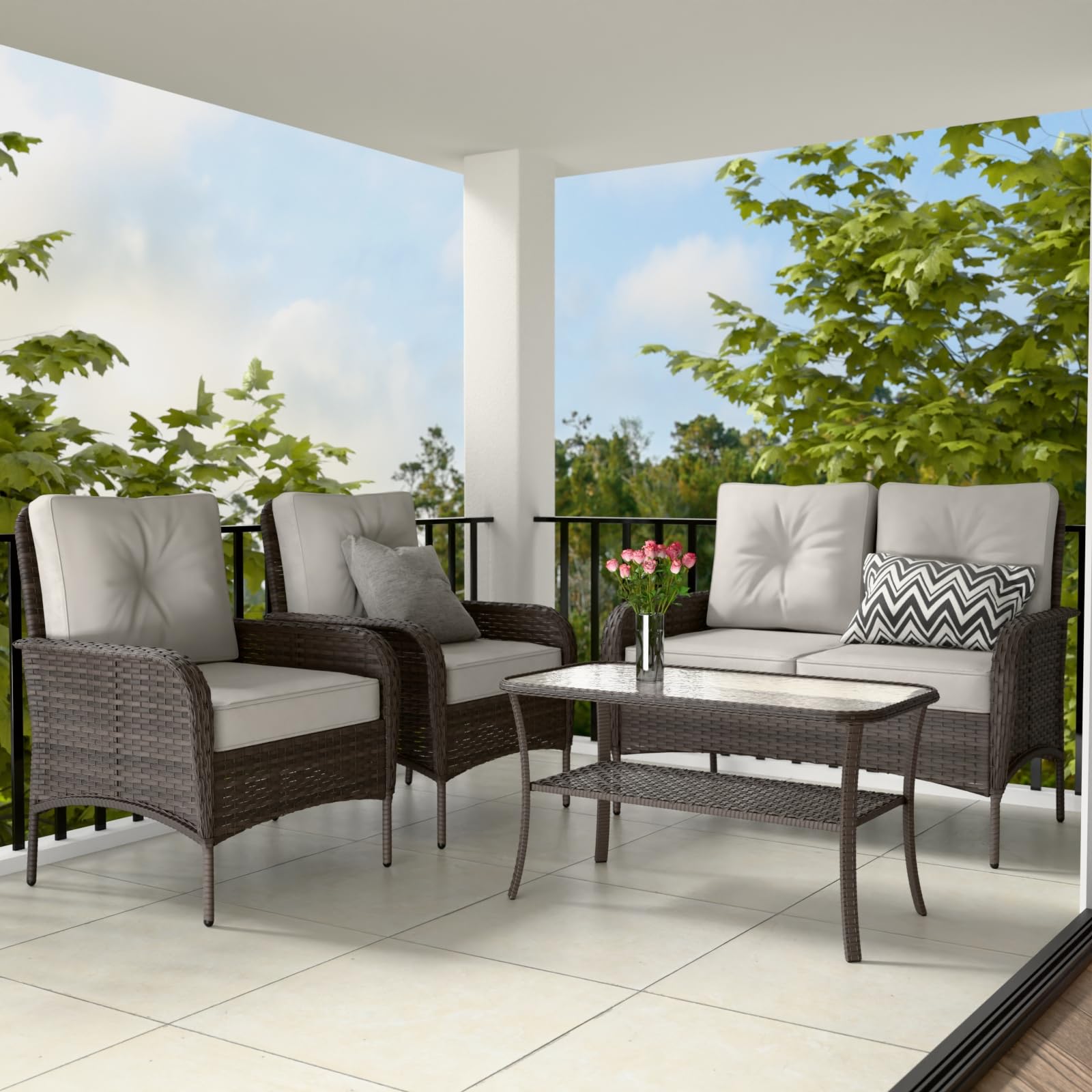 INTER HUT 4-Piece Outdoor Furniture Set - PE Rattan Wicker Loveseat, 2 Chairs, and Steel Table Conversation Set for Patio, Backyard, Poolside and Lawn